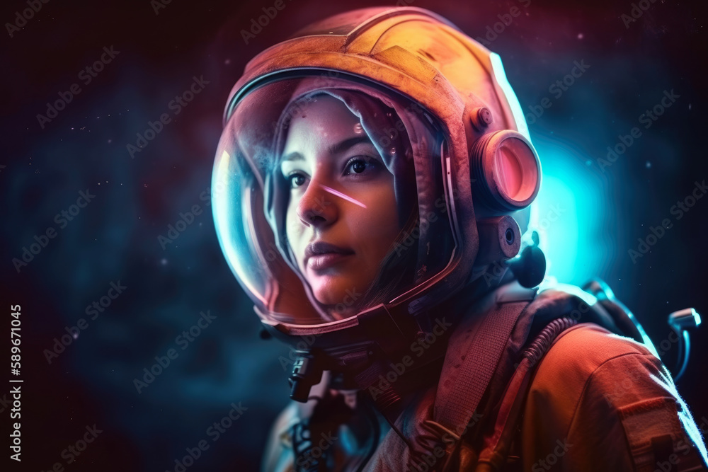 Portrait of a sci-fi space traveler woman with a space suit and a ...