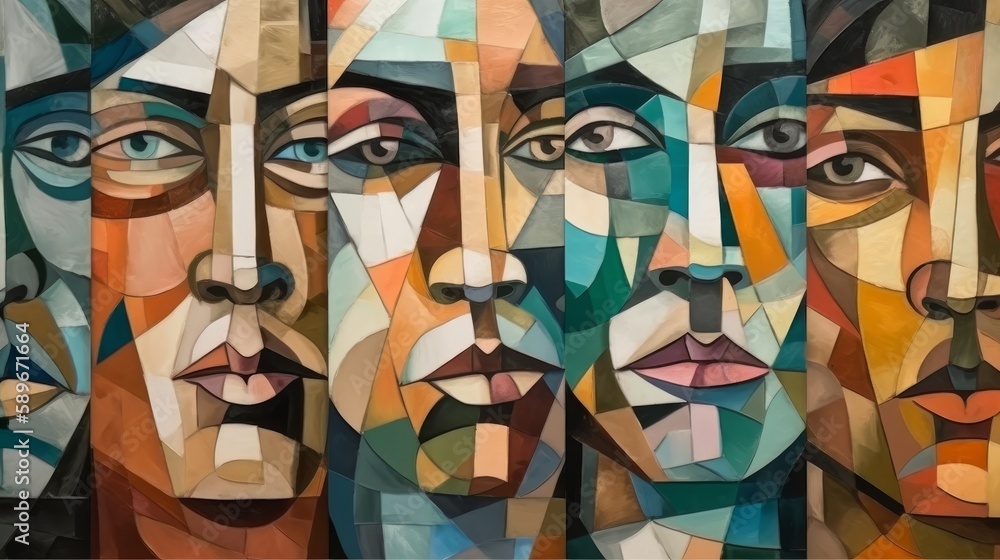 Abstract, crowded illustration of many faces in vivid color and ...