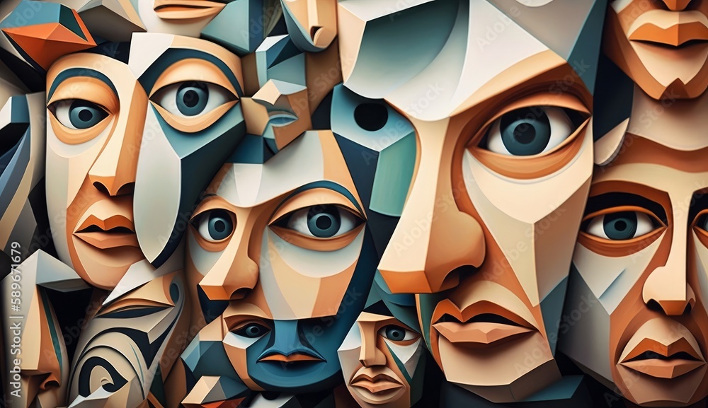 Abstract, crowded illustration of many faces in vivid color and ...