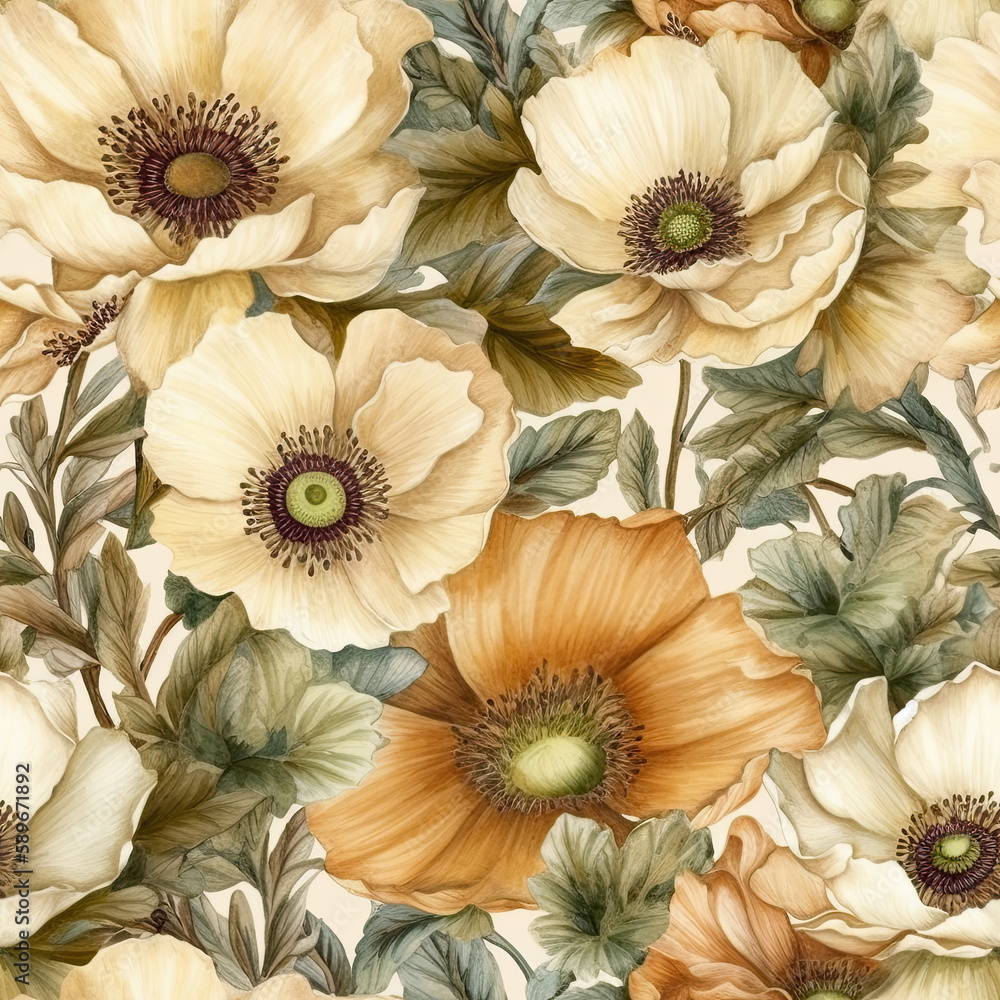 Floral seamless pattern of cream anemone flowers. AI generated ...