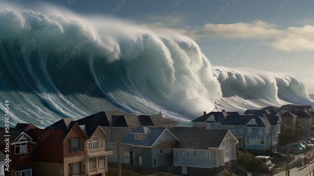 the devastating impact of a tsunami wave, crushing houses and leaving ...