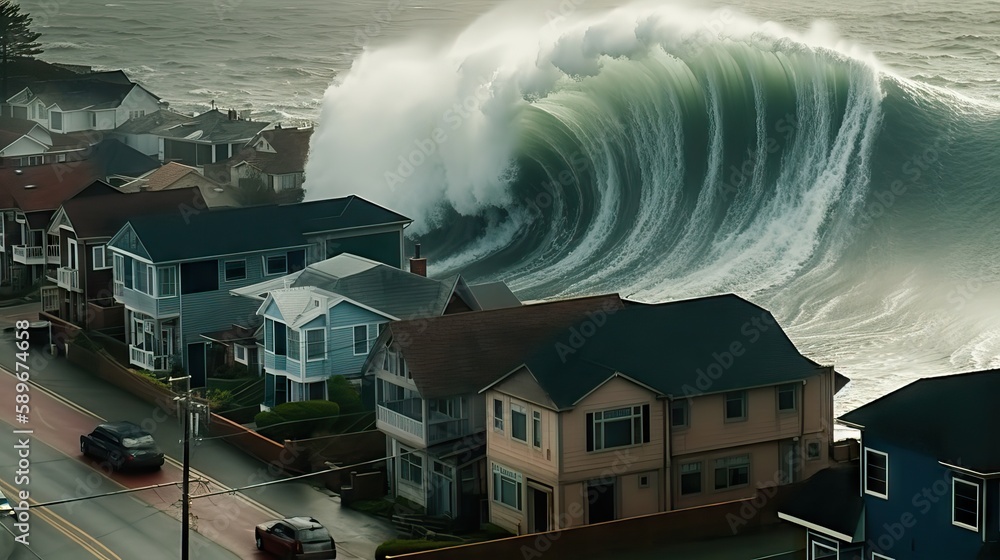 the devastating impact of a tsunami wave, crushing houses and leaving ...
