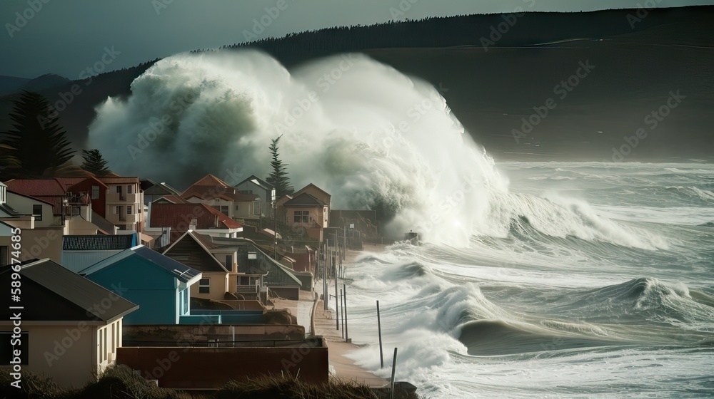 the devastating impact of a tsunami wave, crushing houses and leaving ...