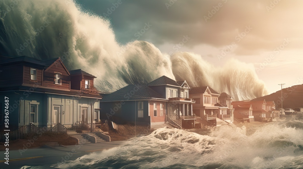 the devastating impact of a tsunami wave, crushing houses and leaving ...