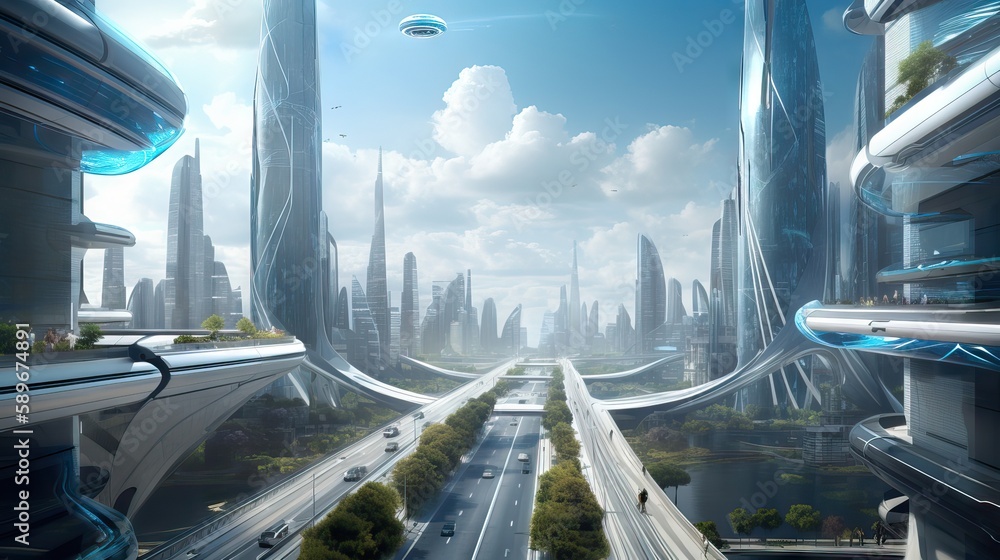 a visionary city with cutting-edge robotics and AI technology ...