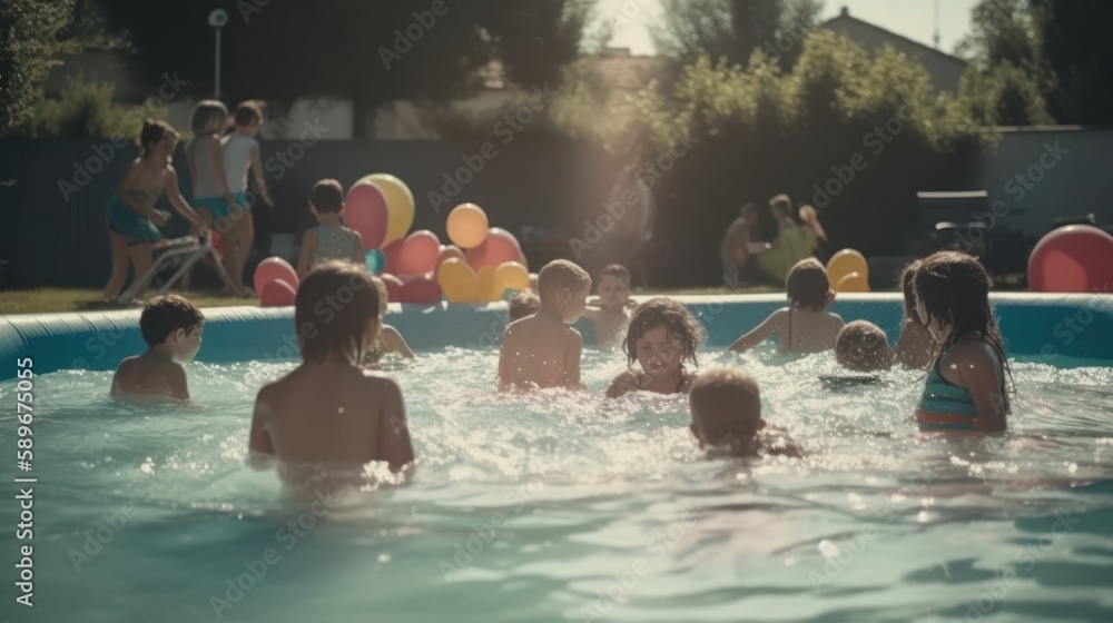 Happy children playing in a pool on a hot summer day with big smiles on ...