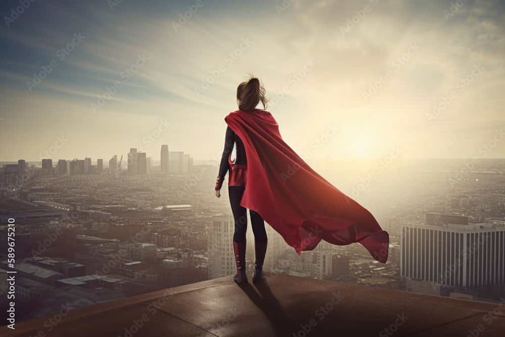 Ilustrace „Powerful female superhero standing in the city skyline with ...