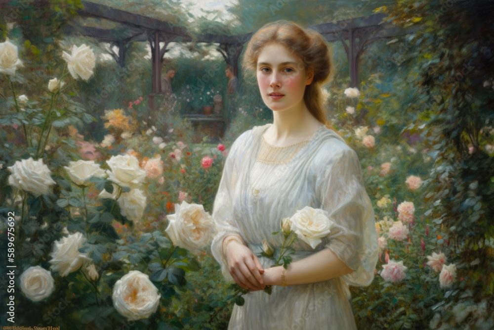 Pre-Raphaelite woman with a gentle smile, wearing a white dress with ...