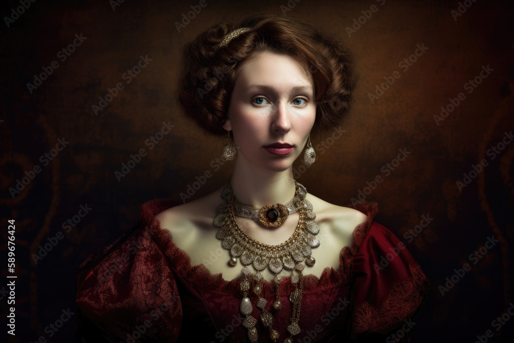 Regal Portrait of a Woman with a Crown of Gold and an Ornate Lace ...