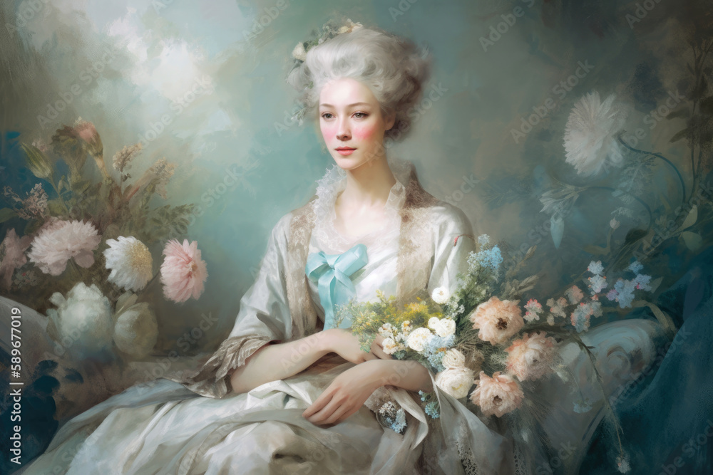 Rococo-inspired portrait of a woman, painted in a romantic and dreamy ...