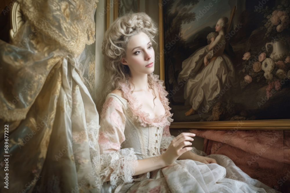 Rococo-inspired portrait of a young woman in a charming indoor scene ...