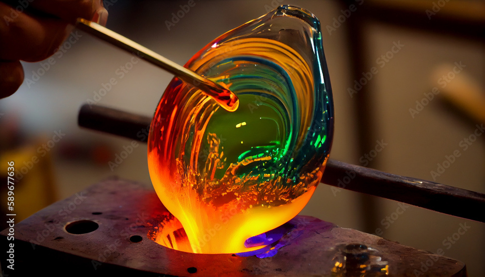 Glass blower forming beautiful piece of glass. A glass crafter is ...