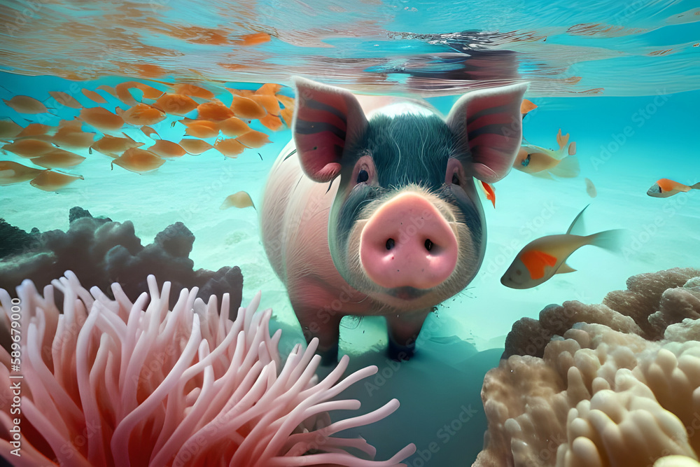 Floating tame pig under water next to colorful fish and sea anemones. A ...