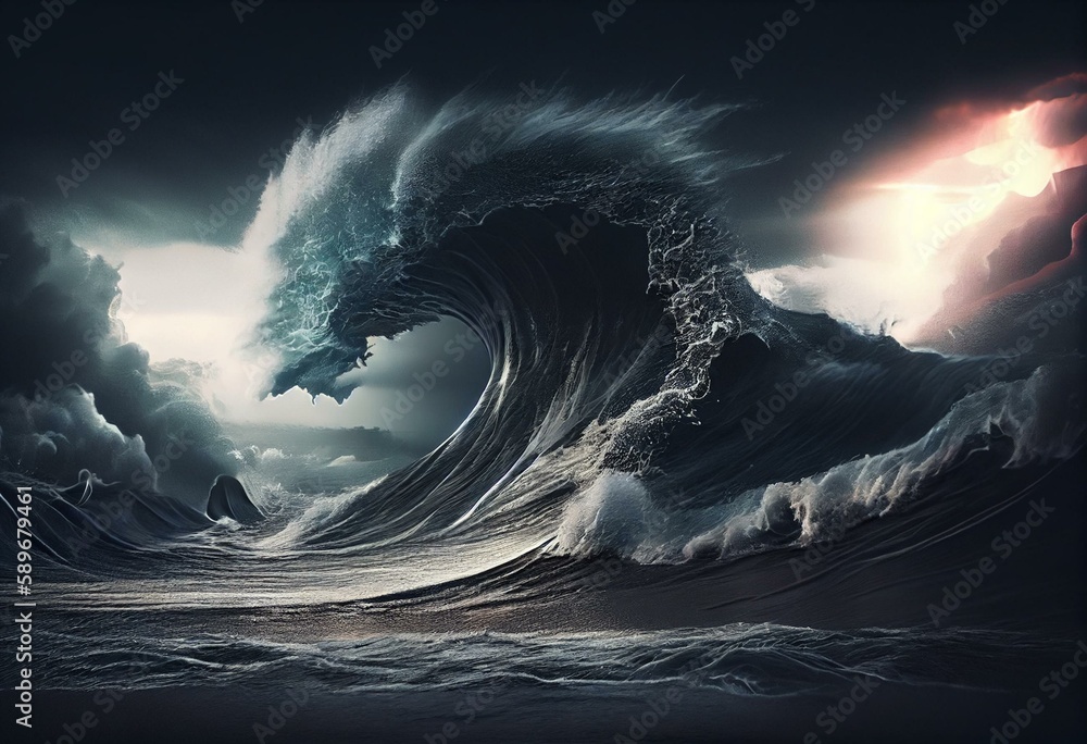 Apocalyptic dramatic background, giant tsunami waves, dark stormy sky ...