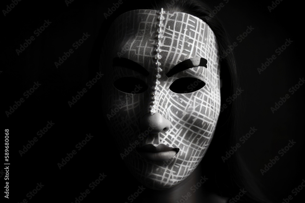 symbolic portrait of a woman wearing a mask, symbolizing the duality of ...