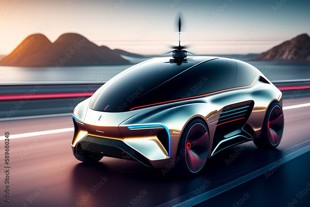 Aerial drone after a futuristic 3D concept car. Autonomous self-driving ...