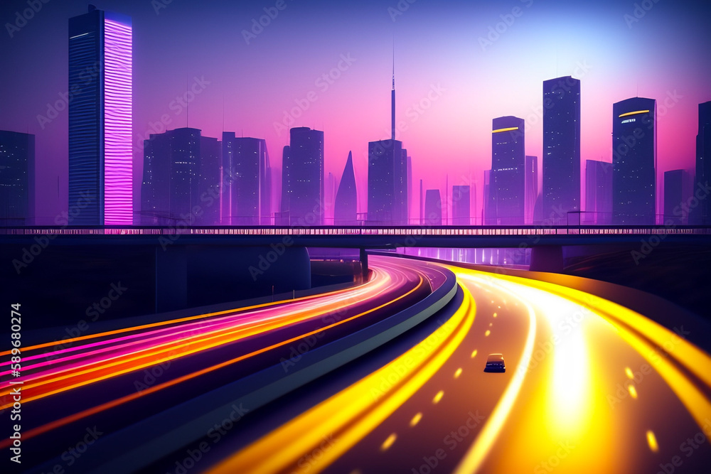 Aerial drone after a futuristic 3D concept car. Autonomous self-driving ...