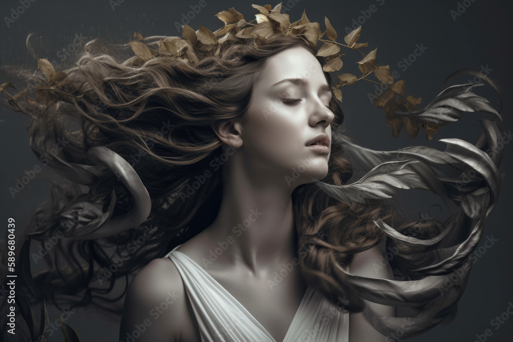 The Muse of Epic Poetry portrait of a woman with flowing hair and a ...