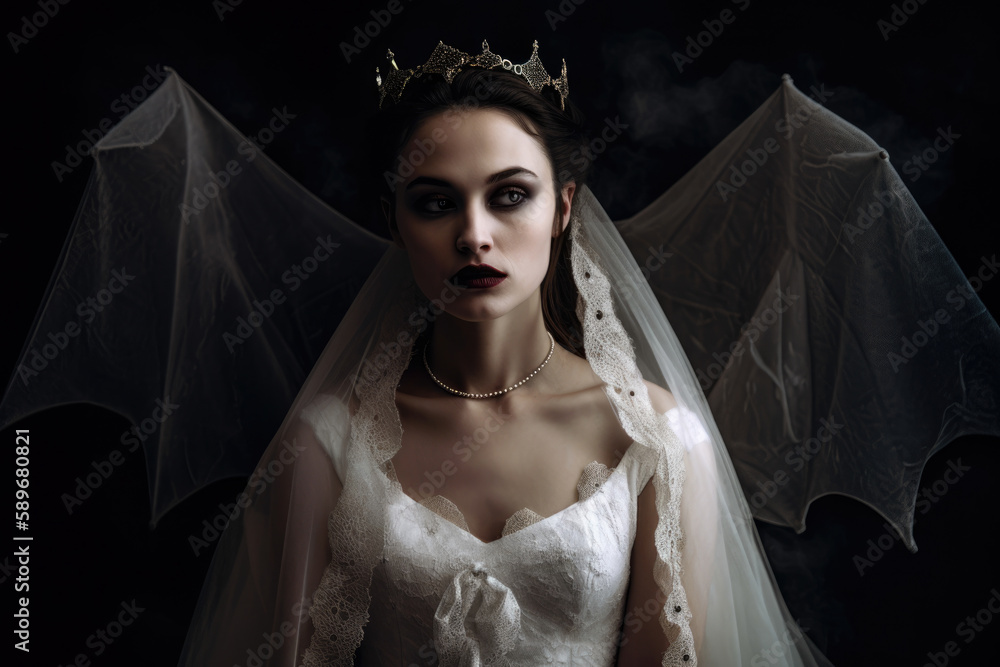 Vampire princess in a long white gown, surrounded by a flock of bats ...