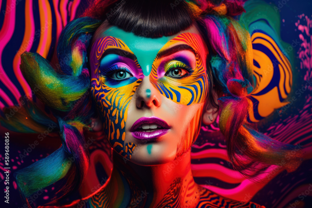 vibrant and colorful portrait of a woman with bold makeup and a playful ...
