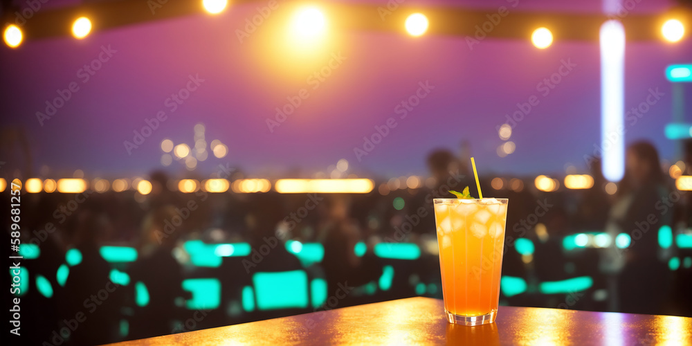 Alcoholic cocktails long drink resting on a bar counter, defocused ...