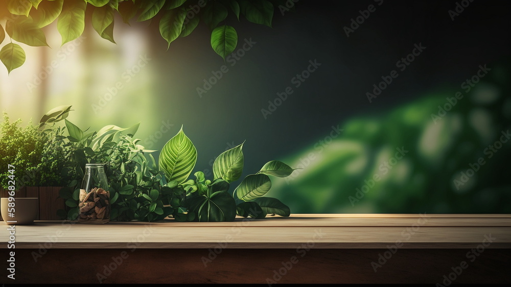 Wood table green wall background with sunlight window create leaf ...