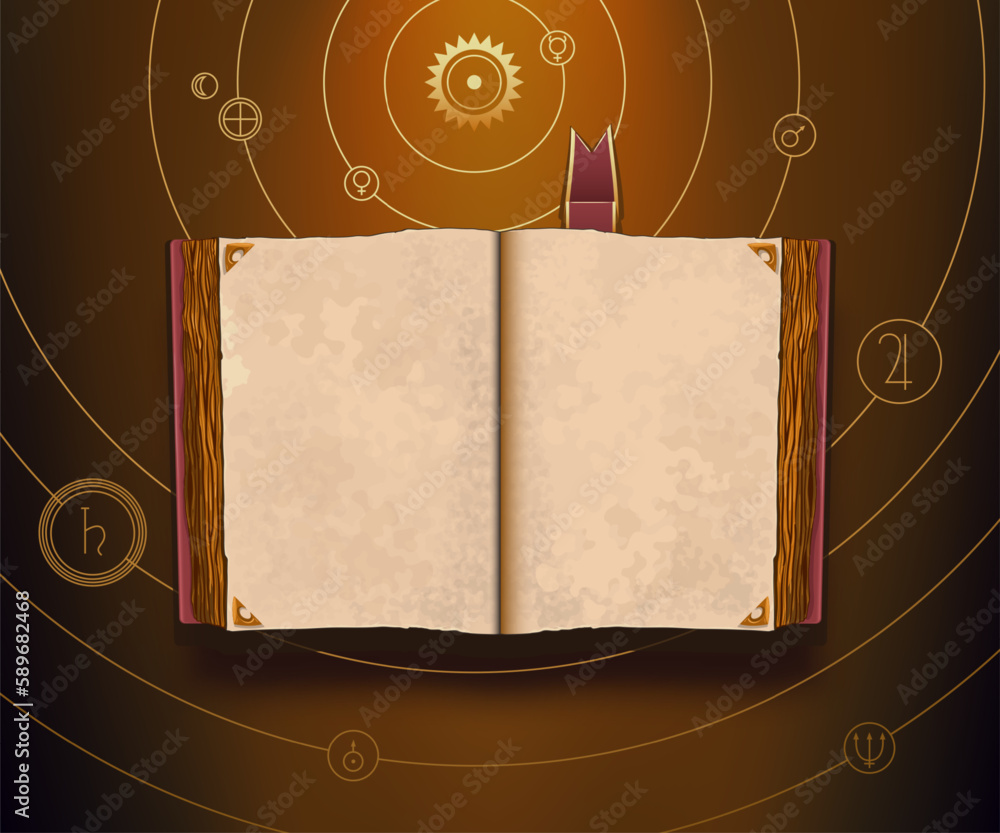 Book mockup. Open book with blank and clean pages, bookmark. Solar ...