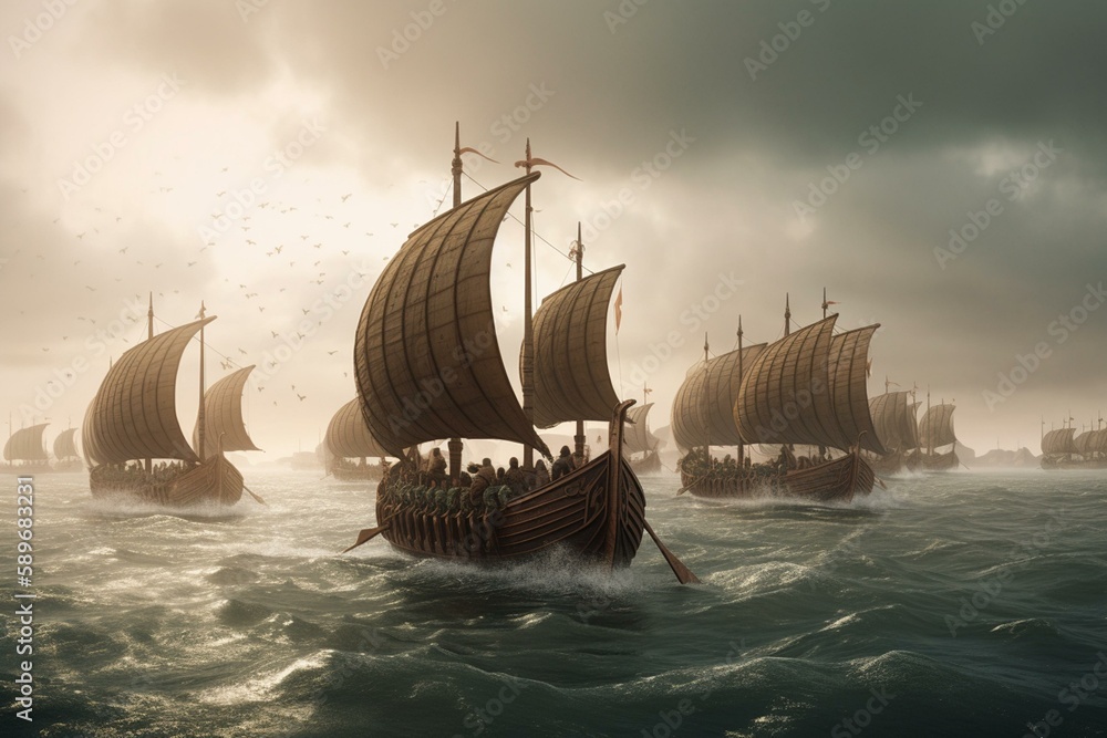 vikings in a big sea too many viking ships Generative AI Stock ...