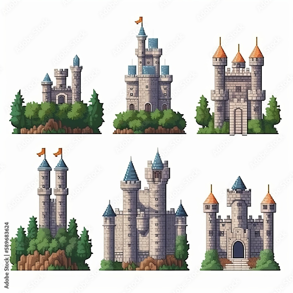 Set sprite of castle in pixel art style, suitable for gaming assets ...