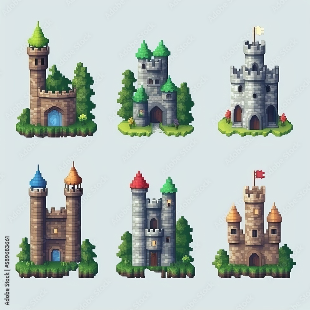 Set sprite of castle in pixel art style, suitable for gaming assets ...
