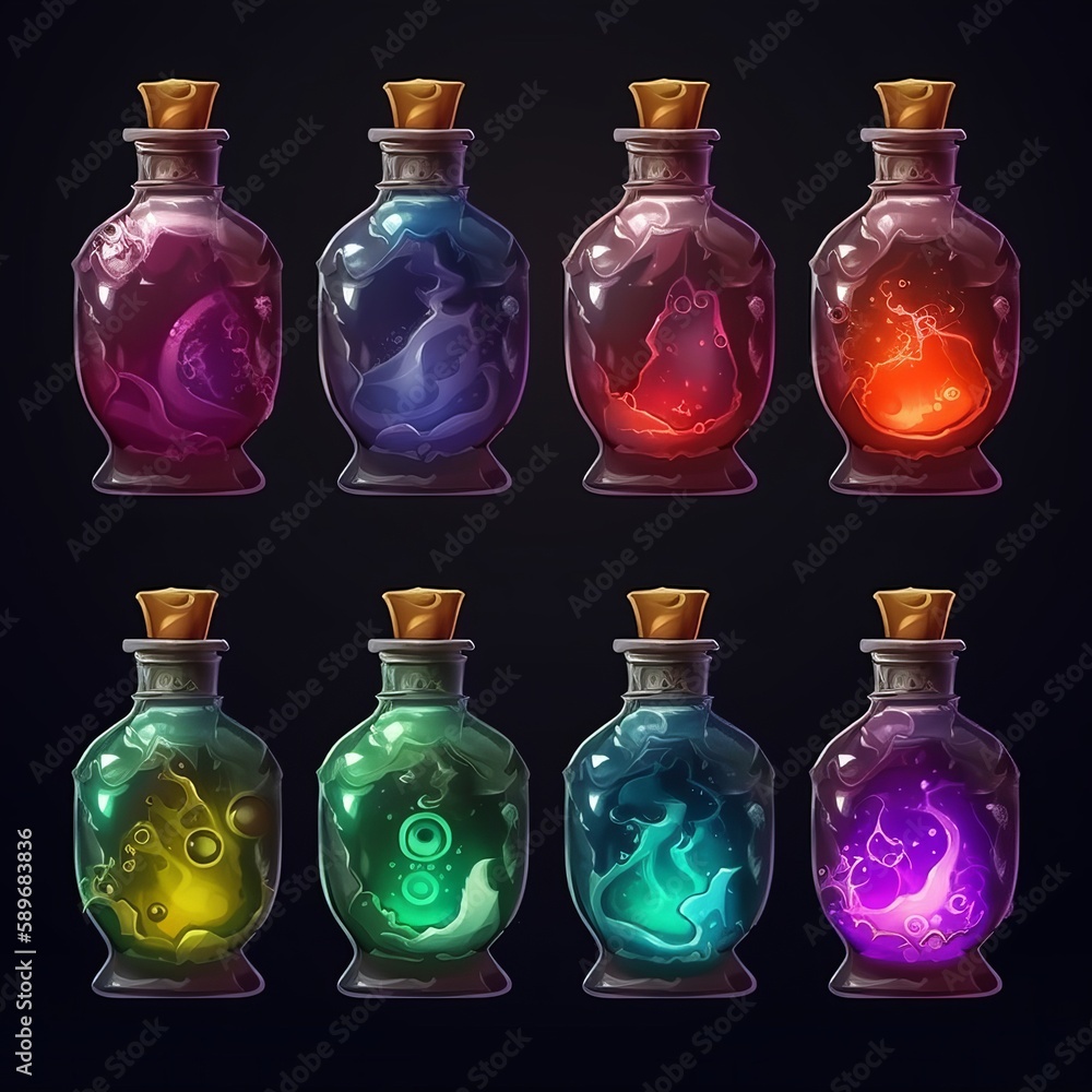 Set sprite of potion bottle in many colors, suitable for gaming assets ...