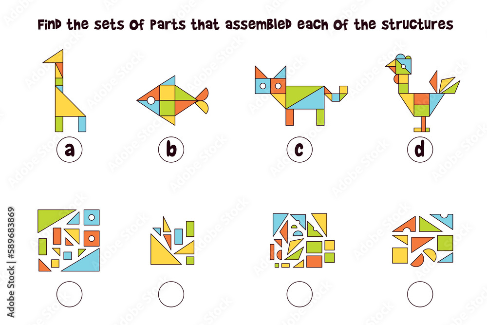 Find the sets of parts that assembled each of the structures. Matching ...