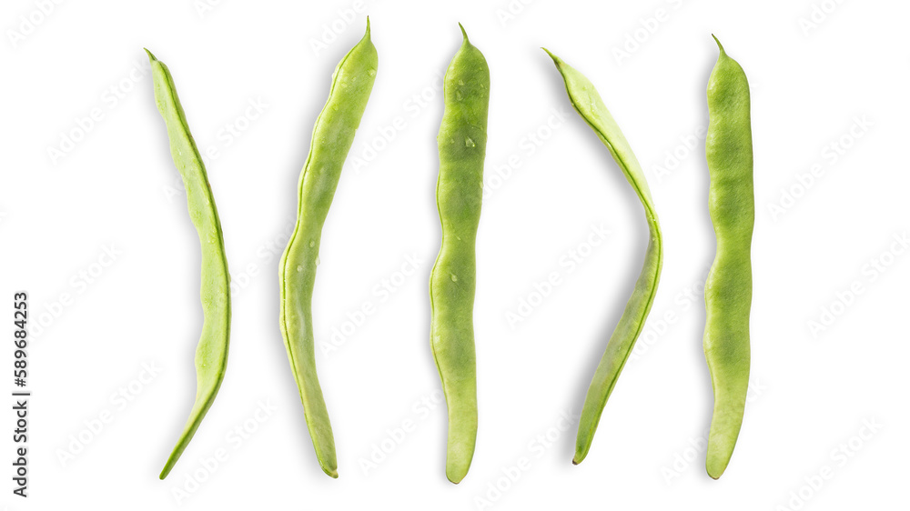 Flat green pods of raw helda romano string beans isolated on a white ...