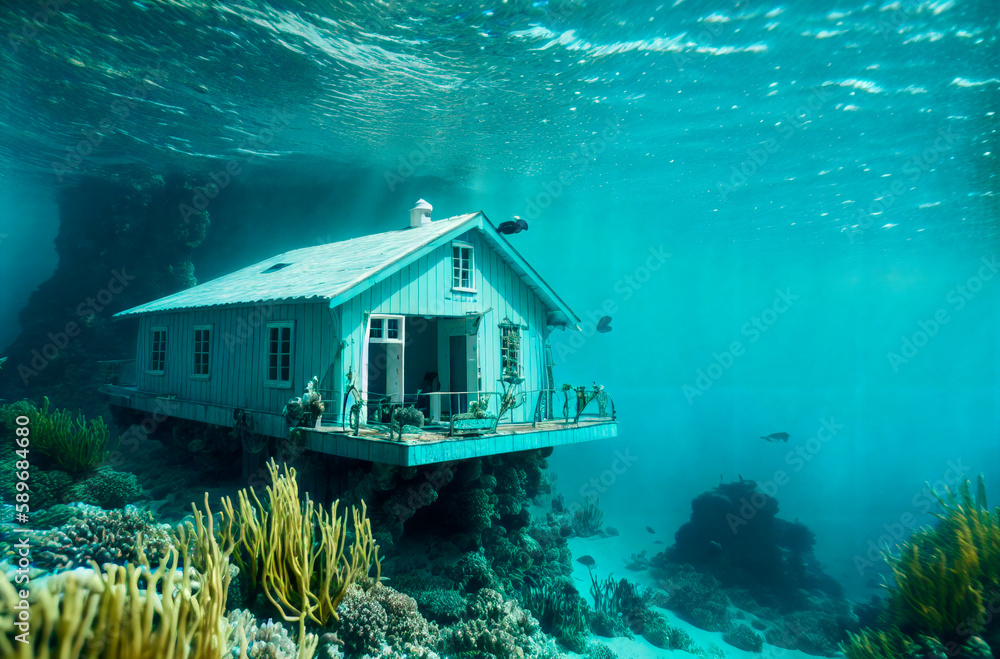 Sunken house under water. Abandoned building at bottom of ocean, sea ...