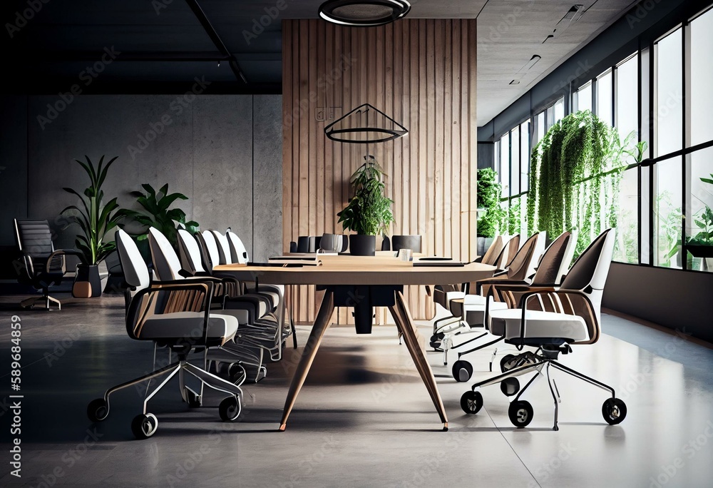 Back view on huge meeting table surrounded by beige wheel chairs on ...