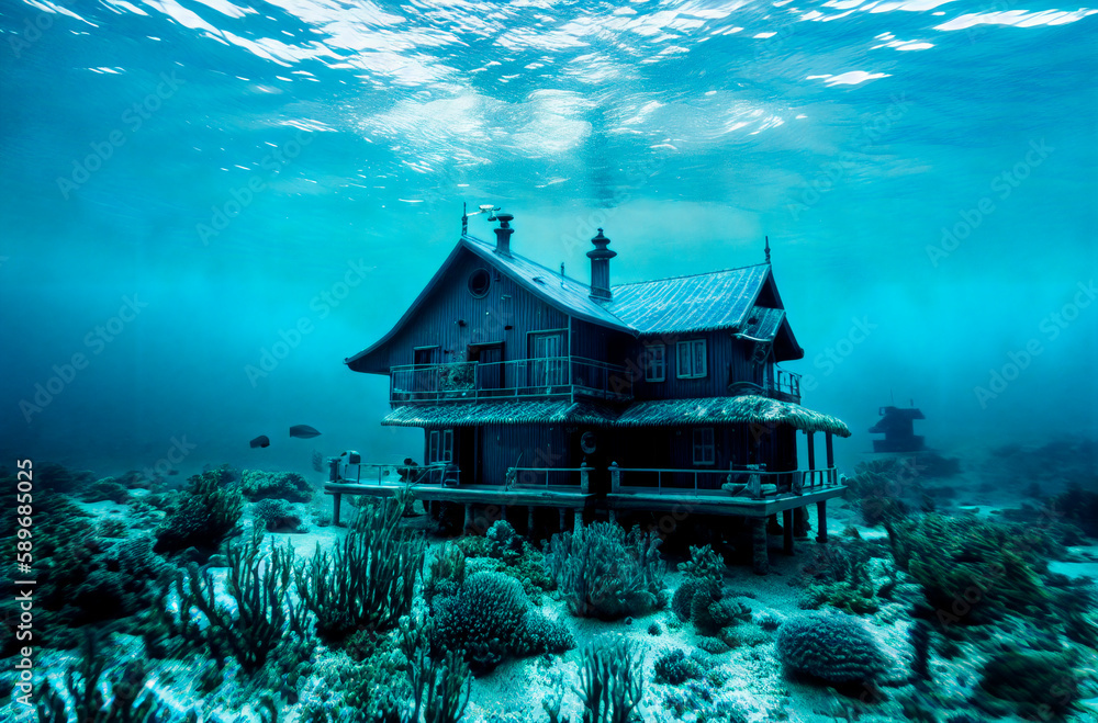 Sunken house under water. Abandoned building at bottom of ocean, sea ...