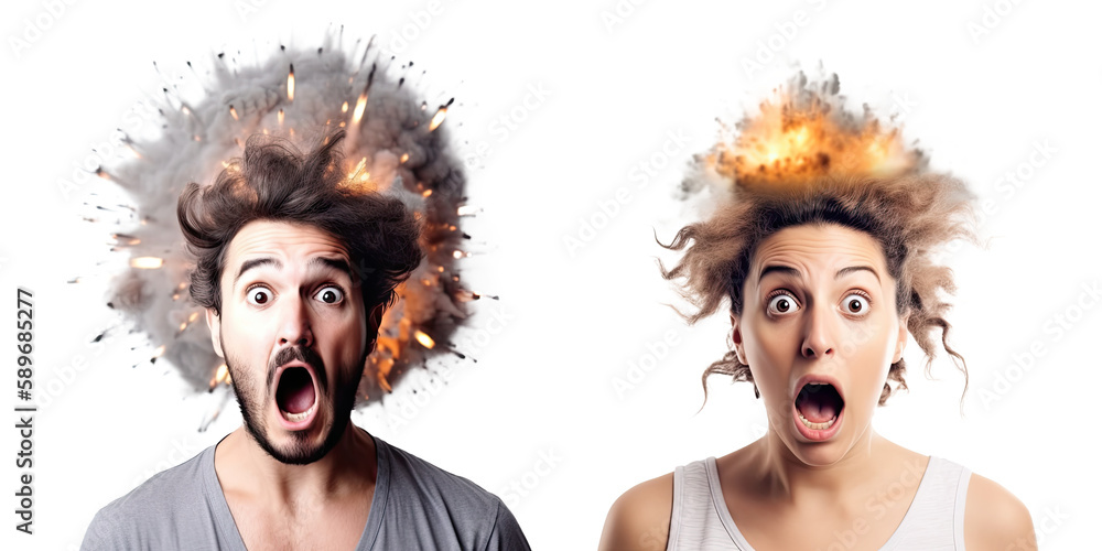 Poster Set of shocked people with explosion on their head isolated on ...