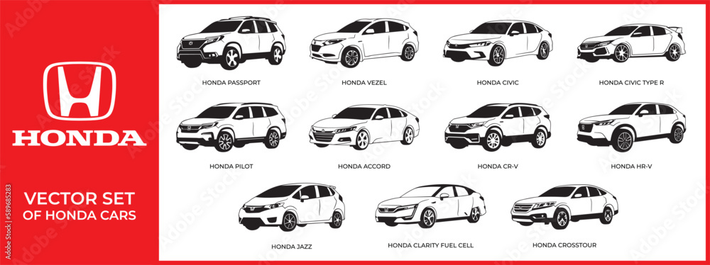 Vector silhouettes, icons of Honda brand cars Stock Vector | Adobe Stock