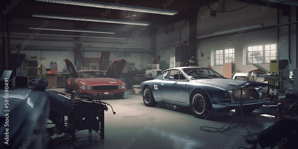 Body shop. Auto repair shop. Cars in a small service station. Cars are ...