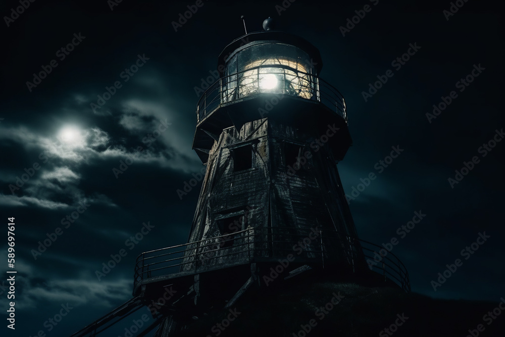 A dark and eerie lighthouse stands tall in the night, with a bright and ...