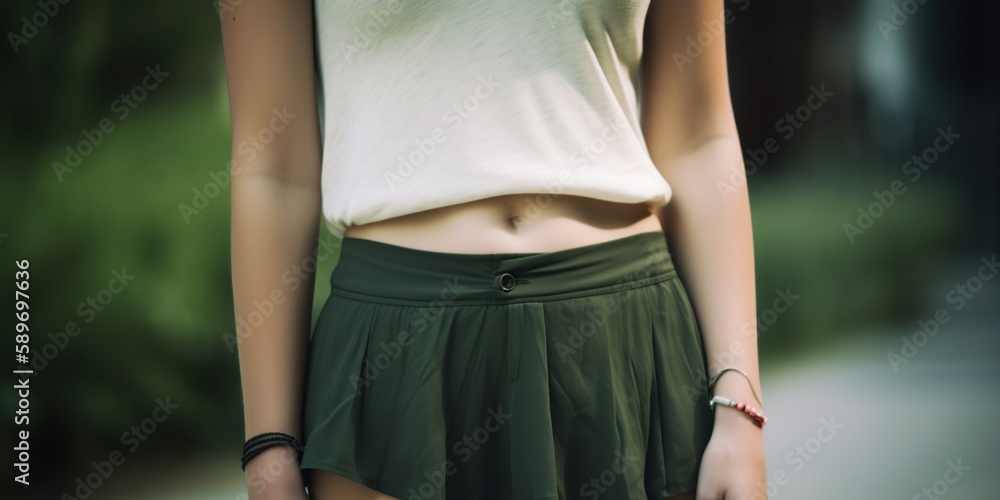 seductive bare belly of a slender young woman with smooth skin, dressed ...