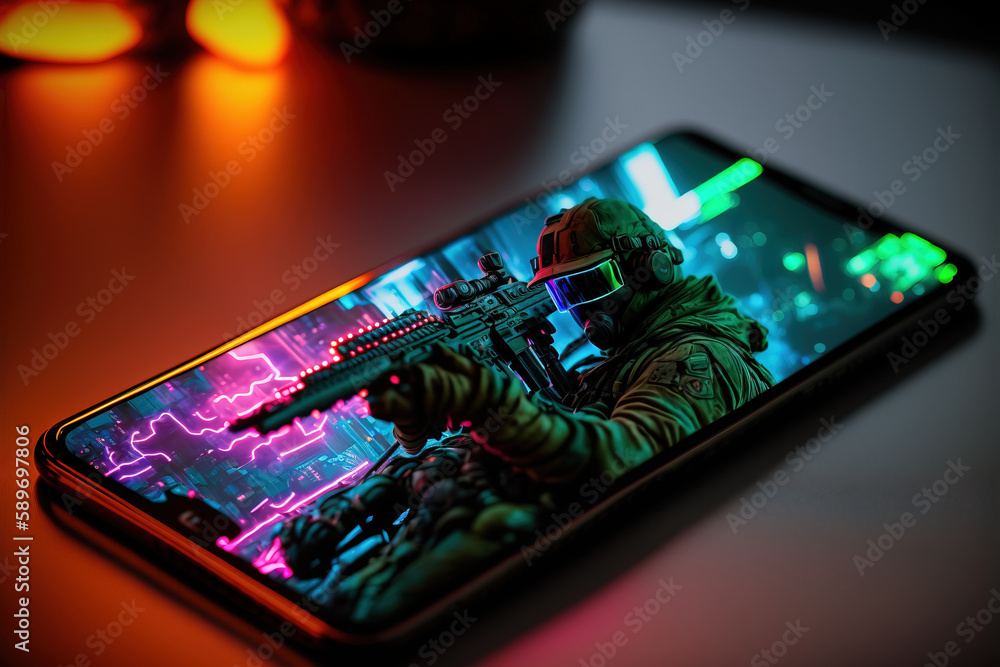 Smartphone with a mobile shooter game on the table of a professional ...