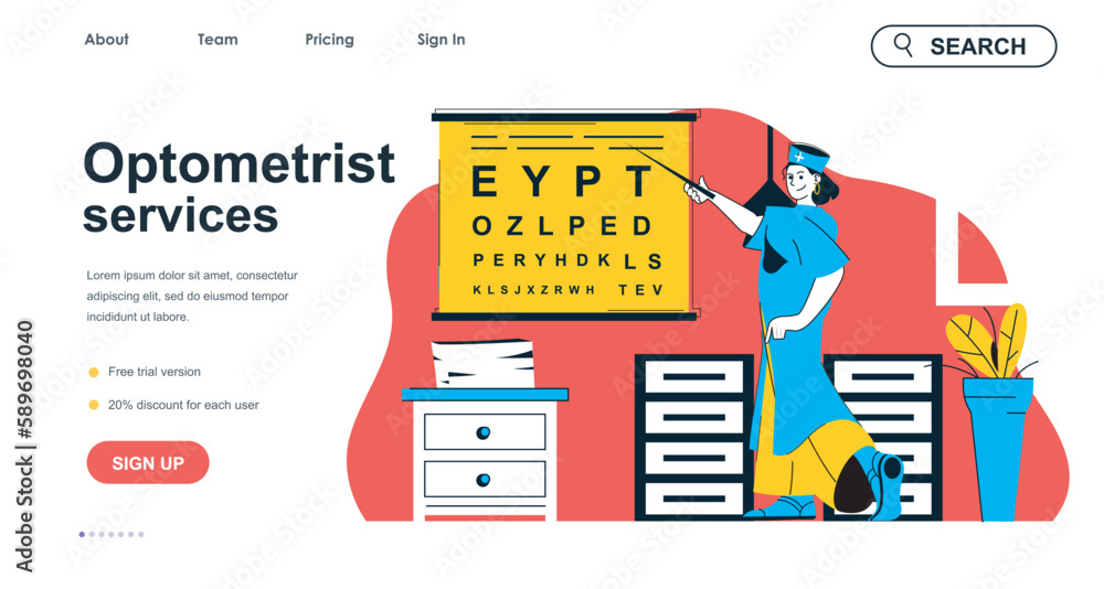 Optometrist services concept for landing page template. Doctor checks ...