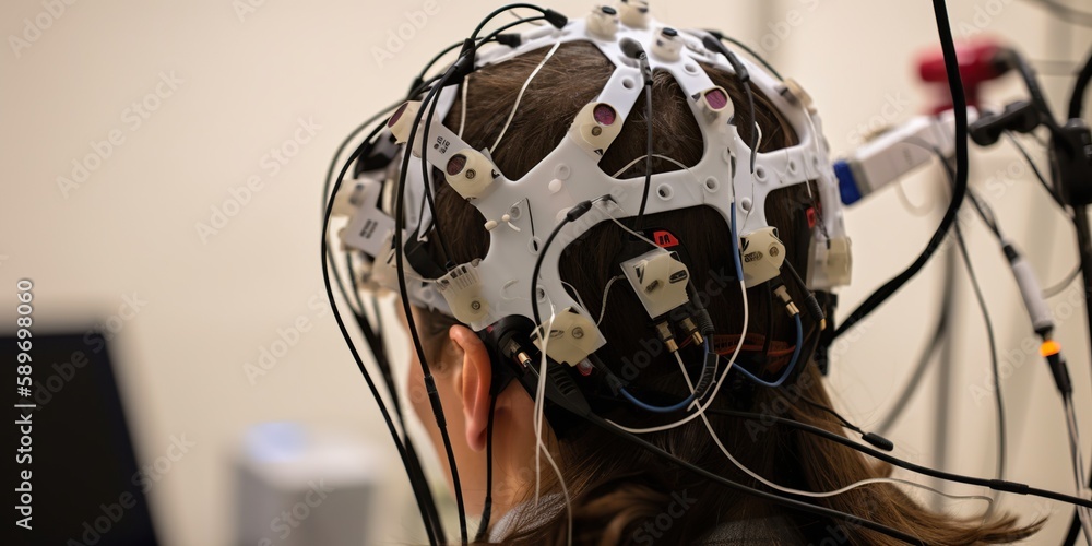 person holding an eeg sensor measuring brain activity, concept of Brainwave monitoring and ...