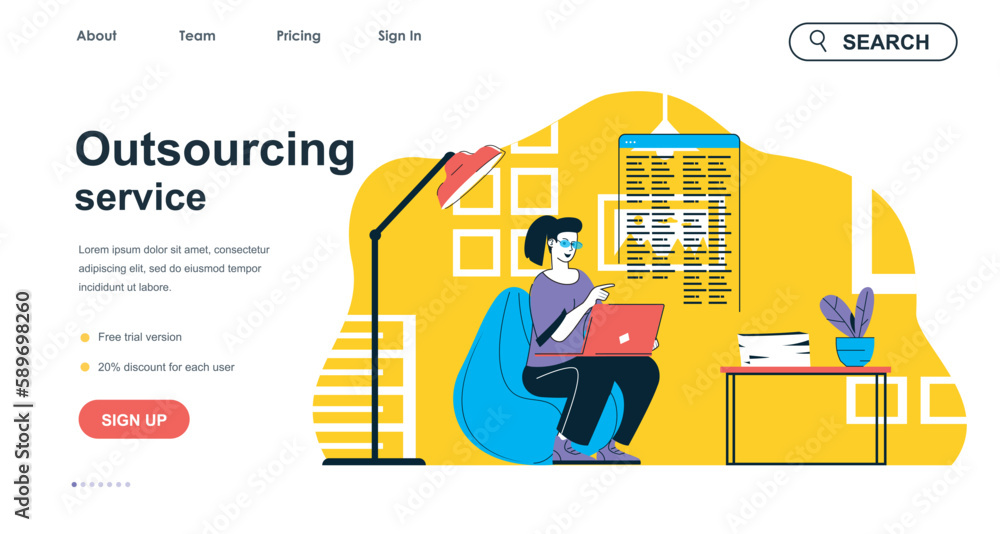 Outsourcing service concept for landing page template. Woman employee ...