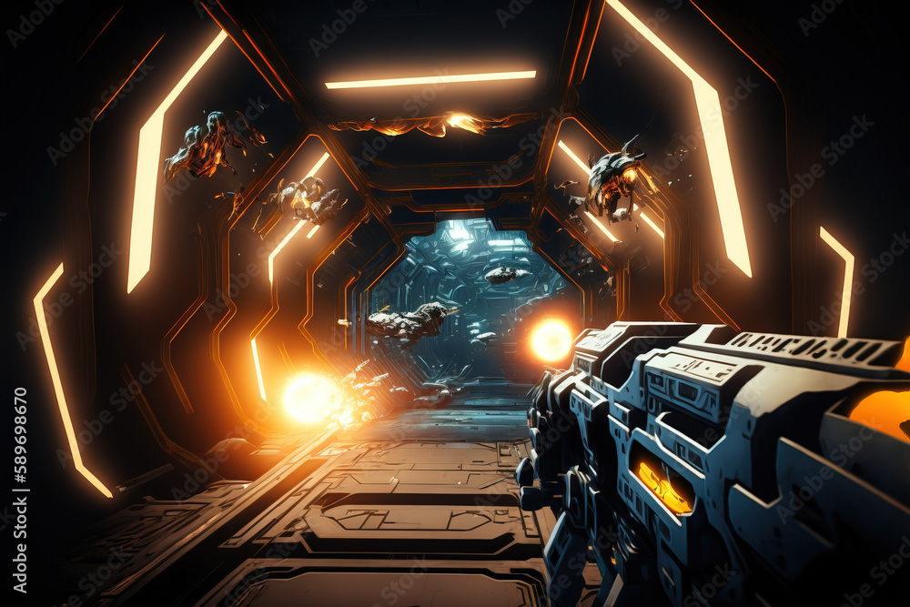 Sci-fi video game gameplay, first person view shooter with futuristic ...