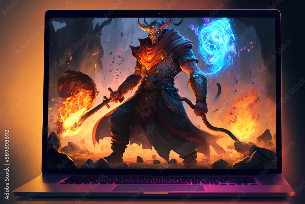 Poster Laptop on table with video game episode and RPG MOBA character ...