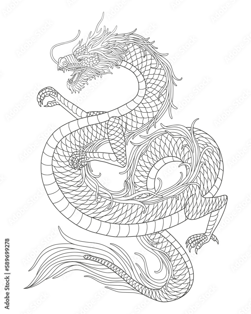 Line art of japanese dragon isolated on white background. vector ...