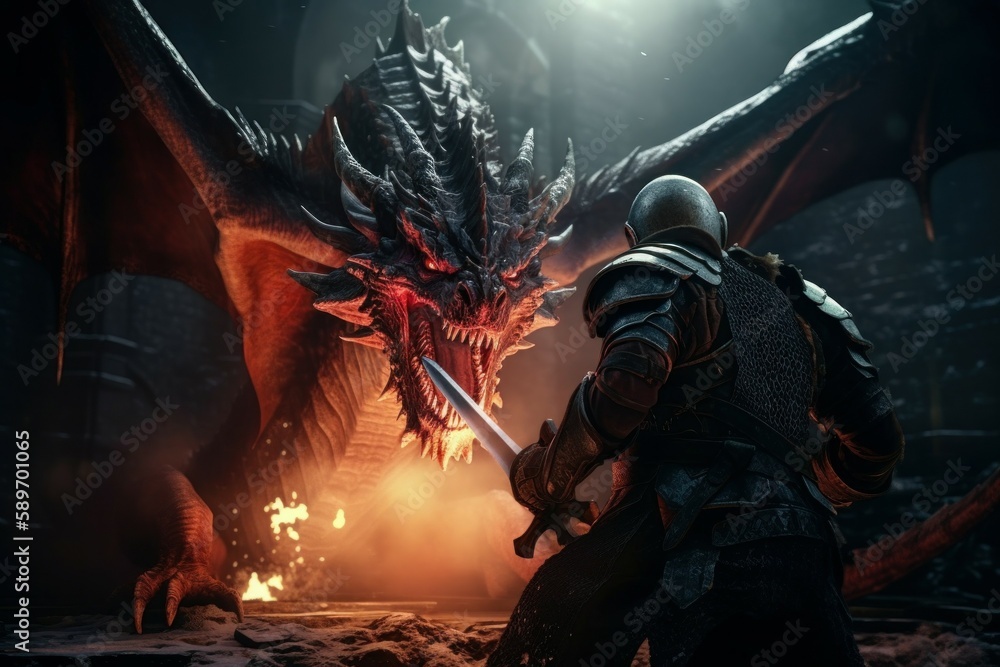An epic battle between a knight and a dragon. AI generated, human ...