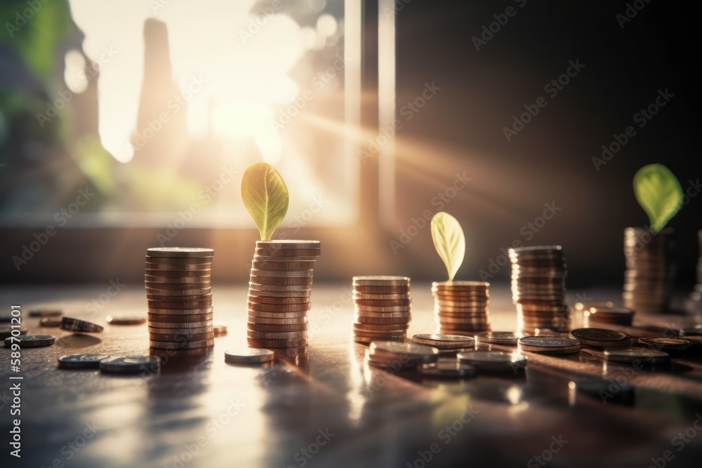 Coins with young plant. Money growth concept. AI generated, human ...